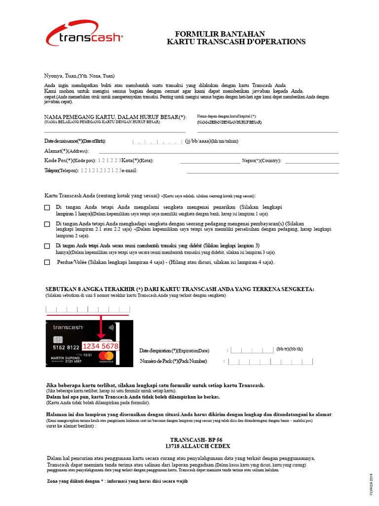 Formulir Bantahan Transcash Kartu | PDF