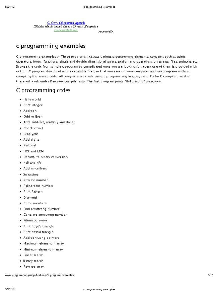 C Programming Examples Pdf C Programming Language Programming Language