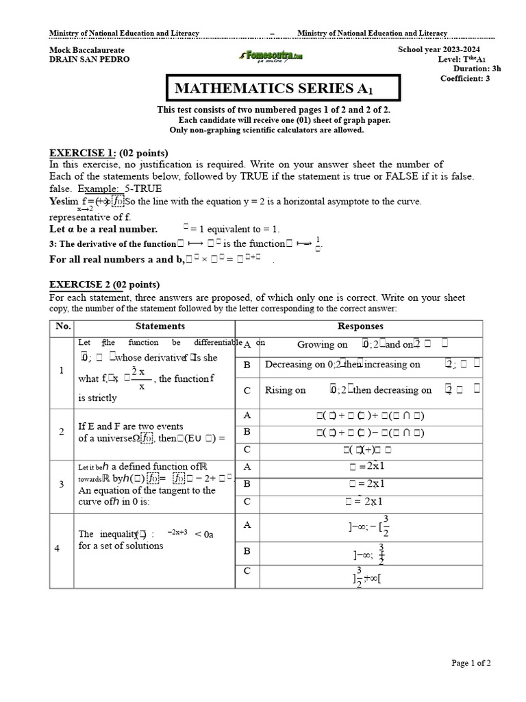 Subject 1 Math Mock Exam Series A1 2024 Dren San Pedro | PDF | Function ...