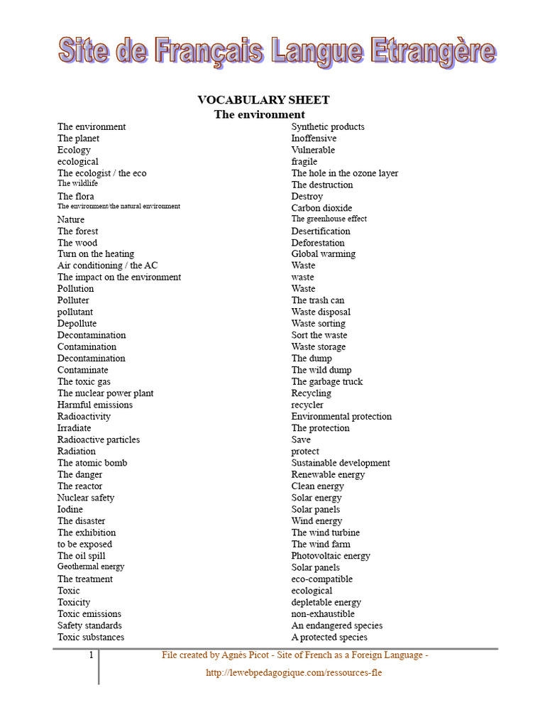 Environmental Vocabulary Sheet | PDF | Waste | Pollution