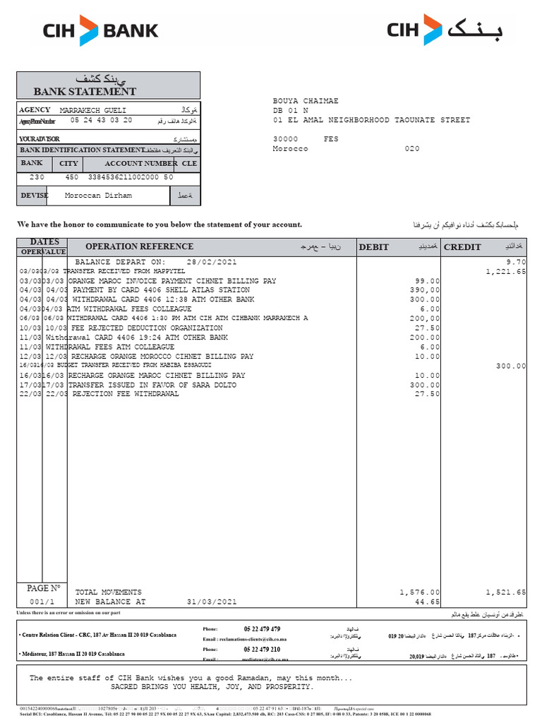 CIH_Statement_3384536211002000_202103 | PDF | Debit Card | Banks