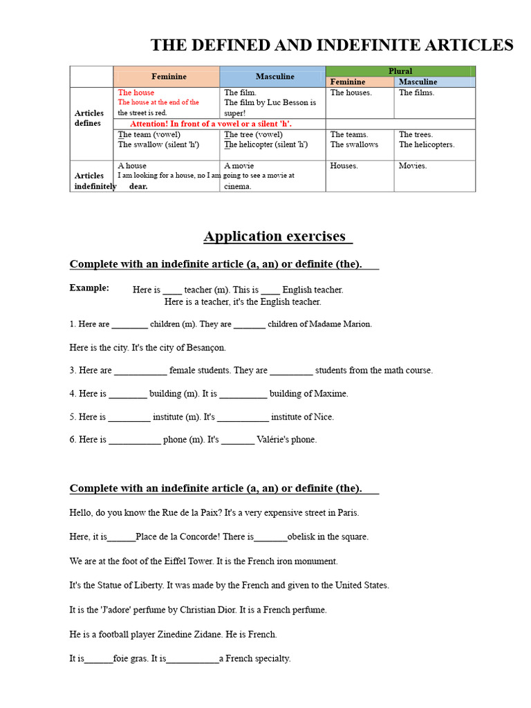 The Definite and Indefinite Articles Exercises Solved PDF | PDF ...