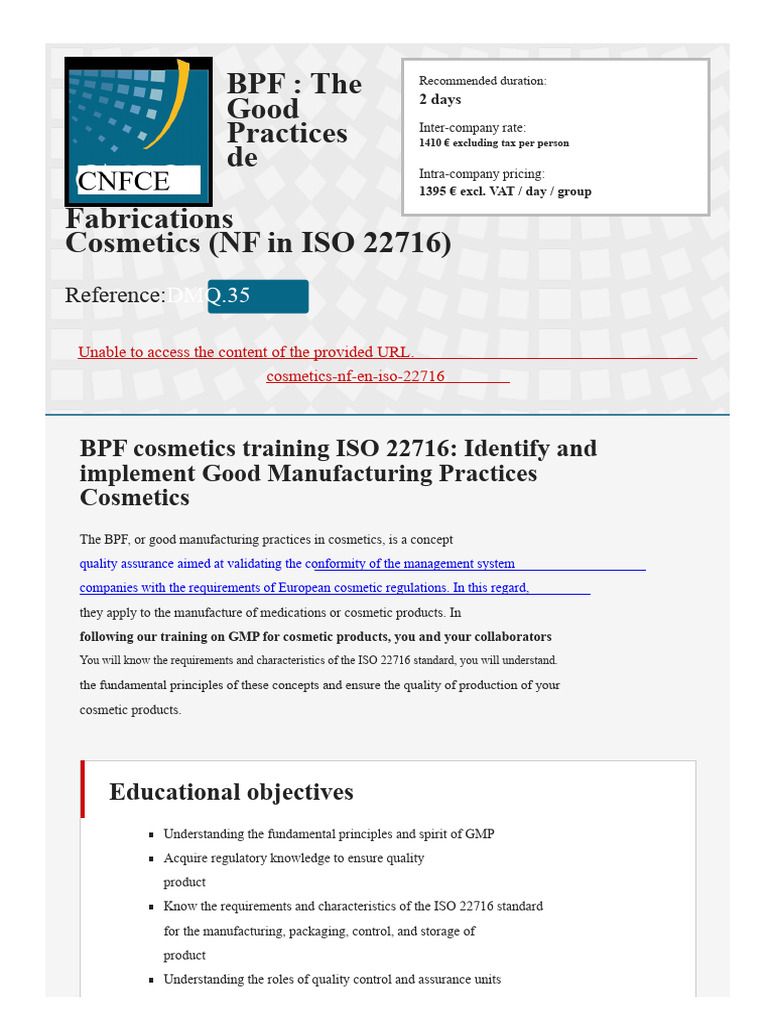 BPF The Good Manufacturing Practices For Cosmetics NF in Iso 22716 ...
