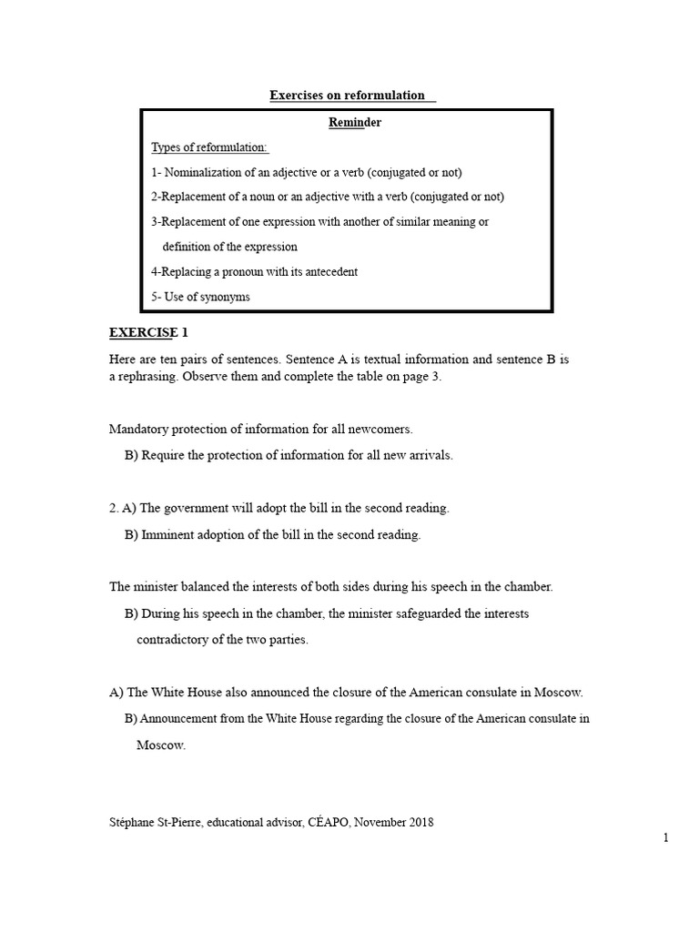 Exercises On Reformulation | PDF | Verb | Grammatical Conjugation