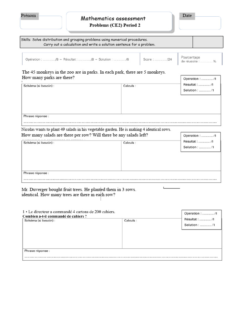 CE2 Mathematics Assessment Problems | PDF