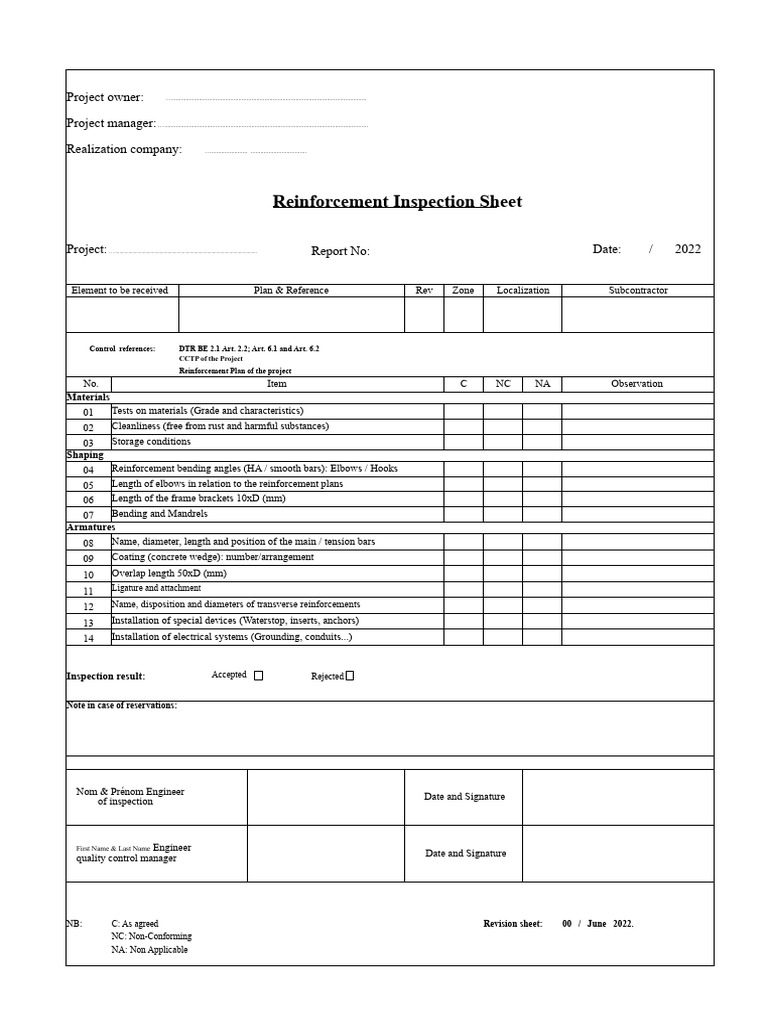 Reinforcement Inspection Checklist 2022 | PDF