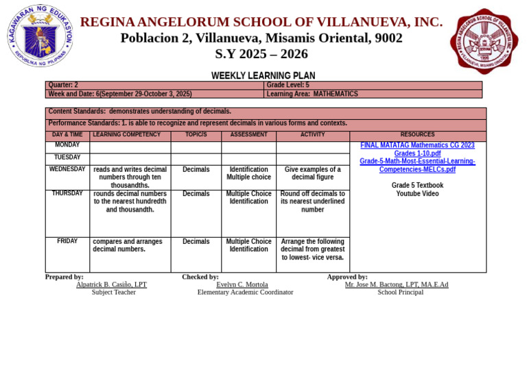 Weekly-Learning-Plan-Math 5 q2 Week 6 | PDF