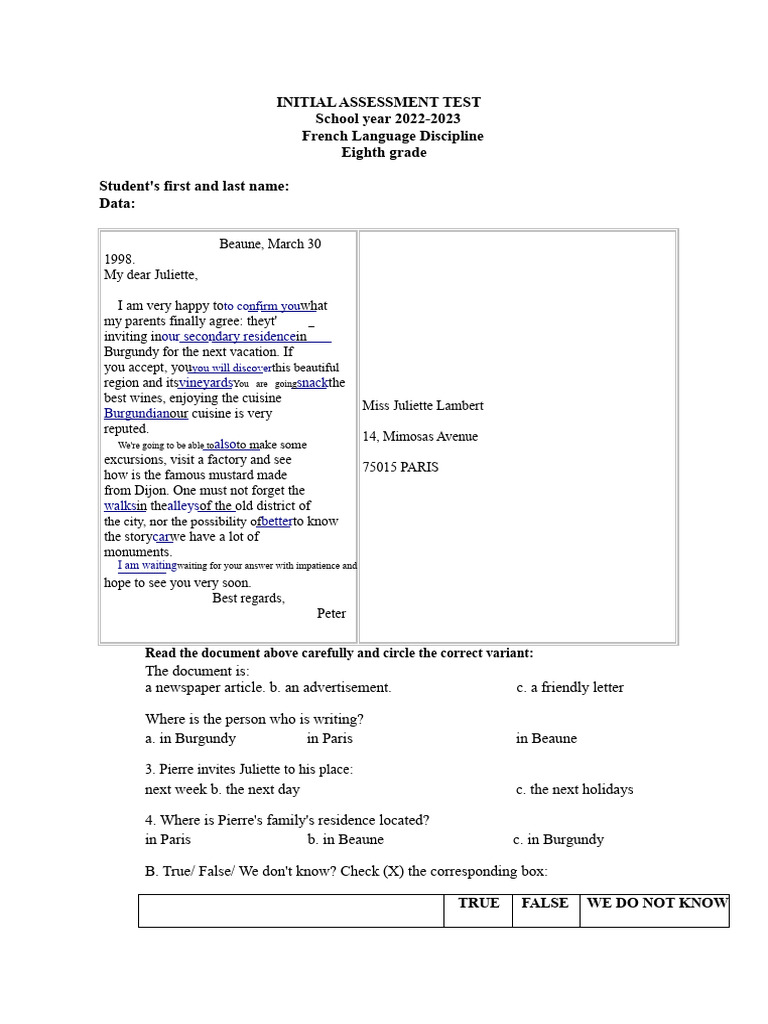 Eighth Grade French Language Assessment | PDF | Linguistics | Human ...