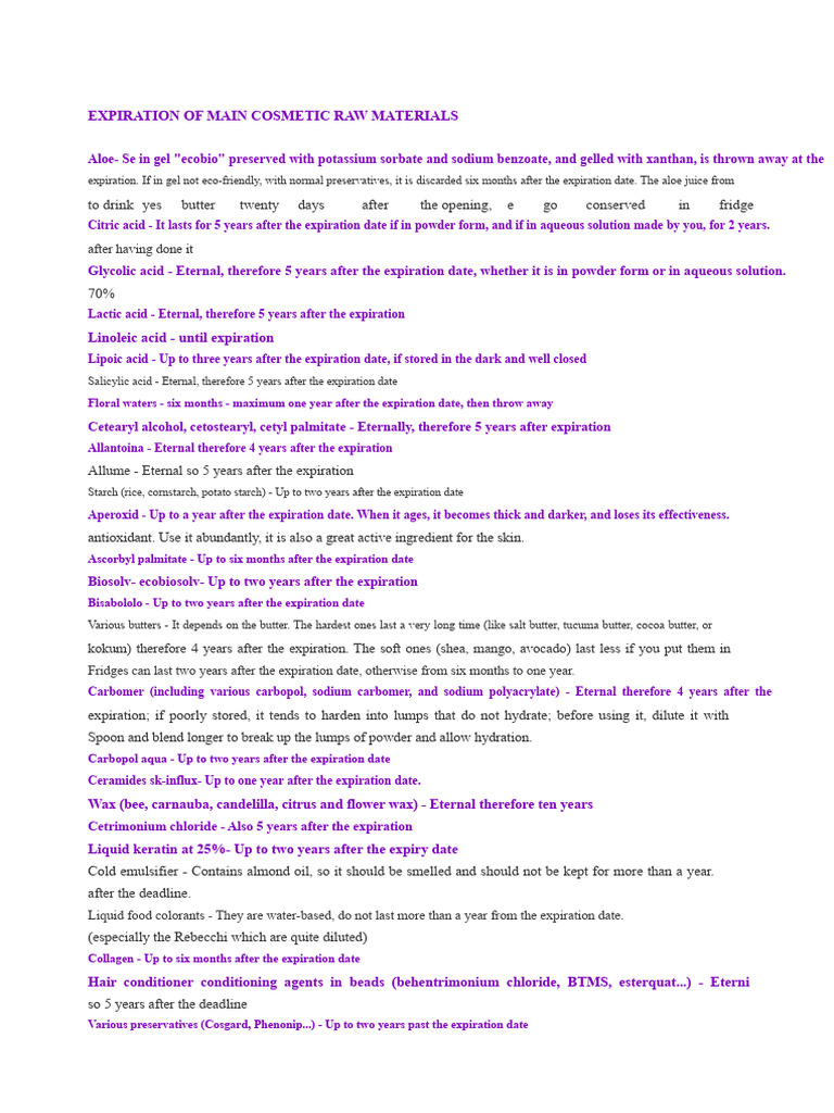 Cosmetic Raw Materials Expiration Guide | PDF | Shelf Life | Essential Oil