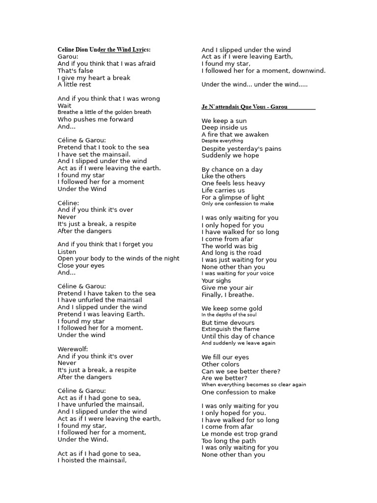 Celine Dion Under the Wind Lyrics | PDF
