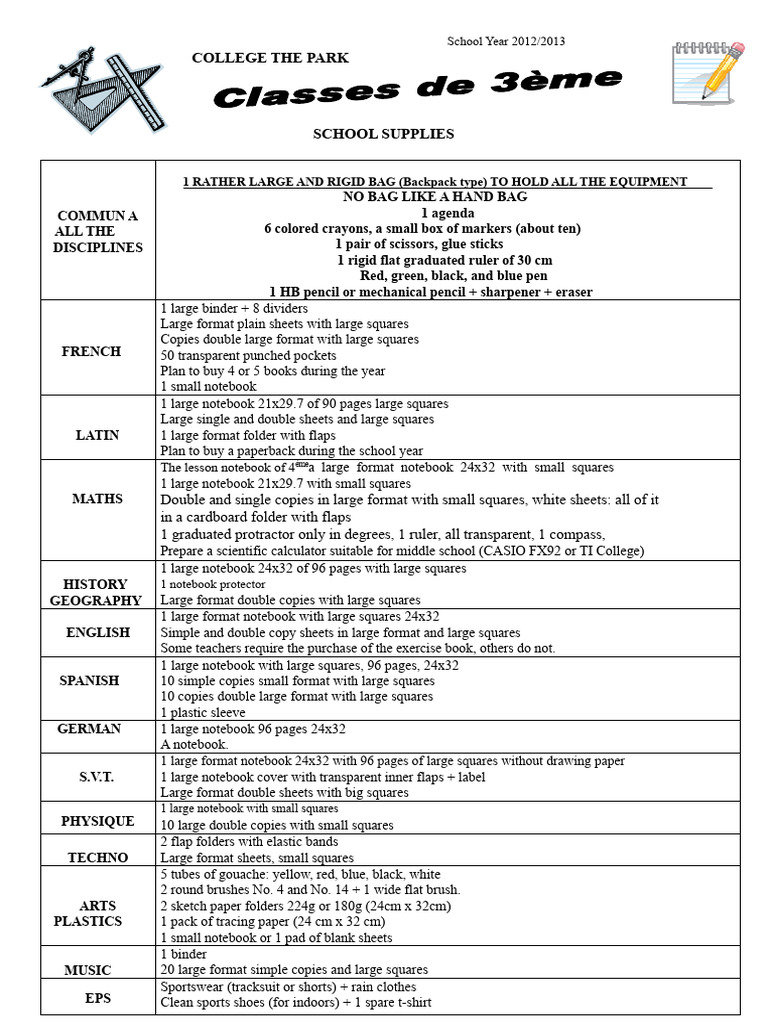 Supplies List 9th Grade PDF | PDF | Notebook