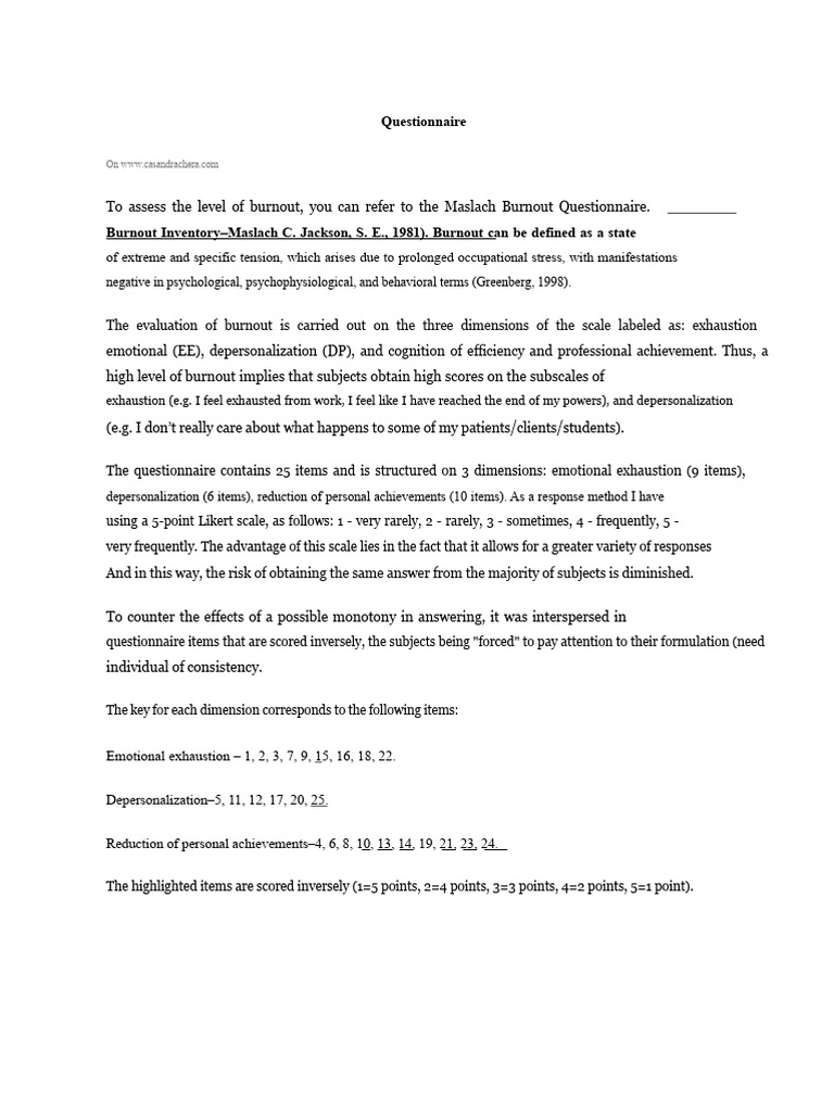 Maslach Burnout Questionnaire Overview | PDF | Occupational Burnout ...