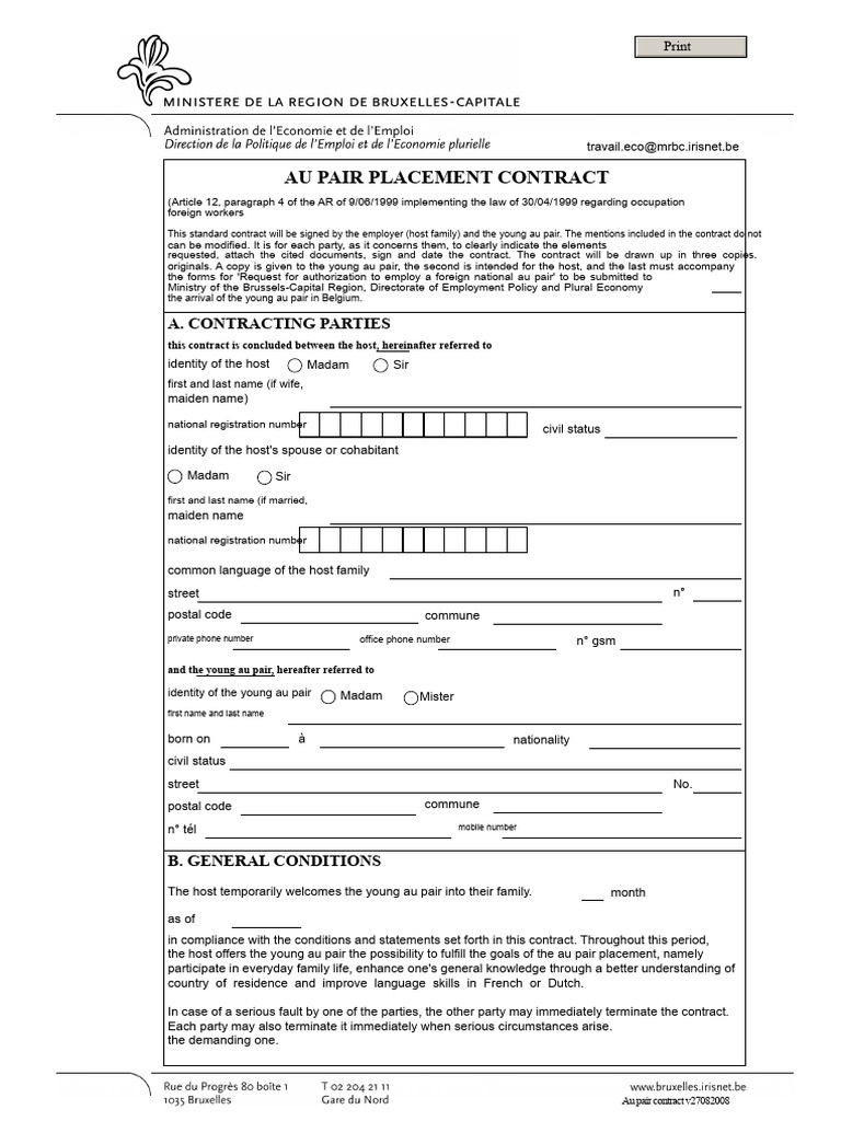 Au Pair Contract Brussels French | PDF | Insurance | Employment