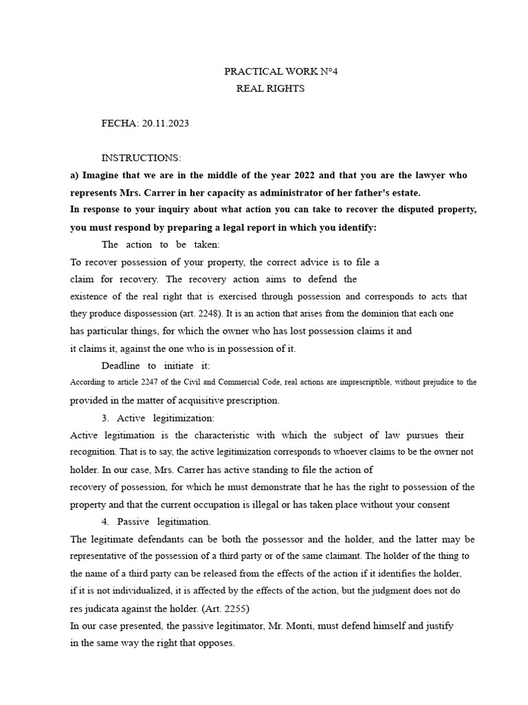 PRACTICAL WORK N°4 - Real Rights | PDF | Property | Statute Of Limitations