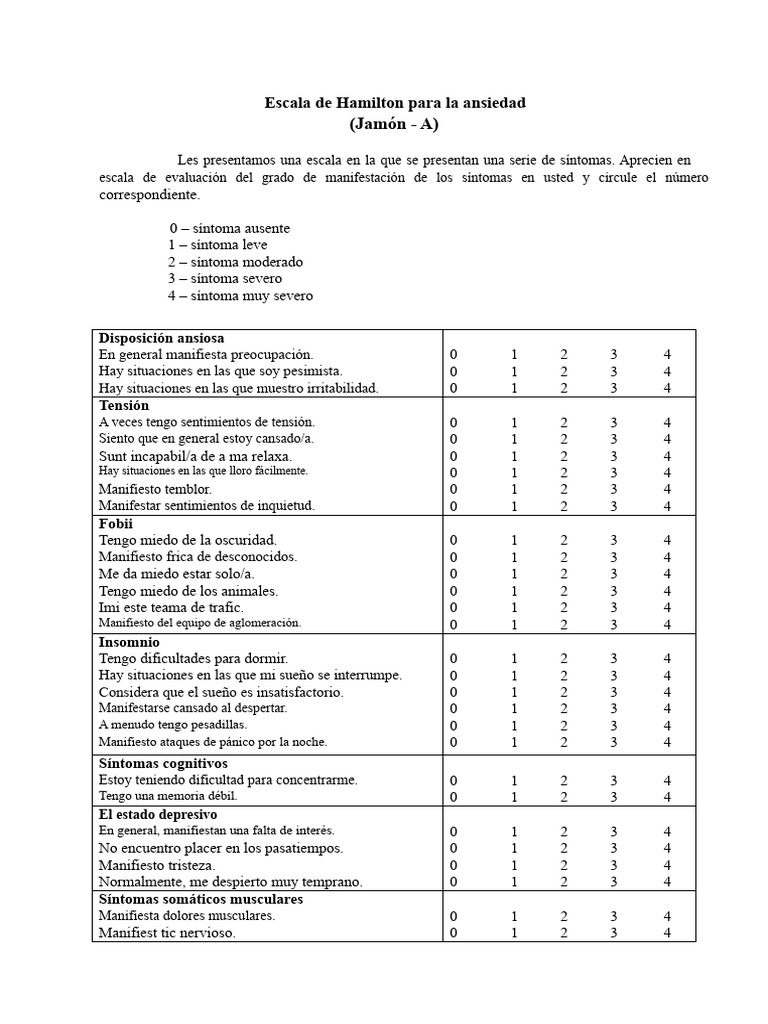 Escala de Hamilton para evaluar ansiedad | PDF | Ansiedad ...