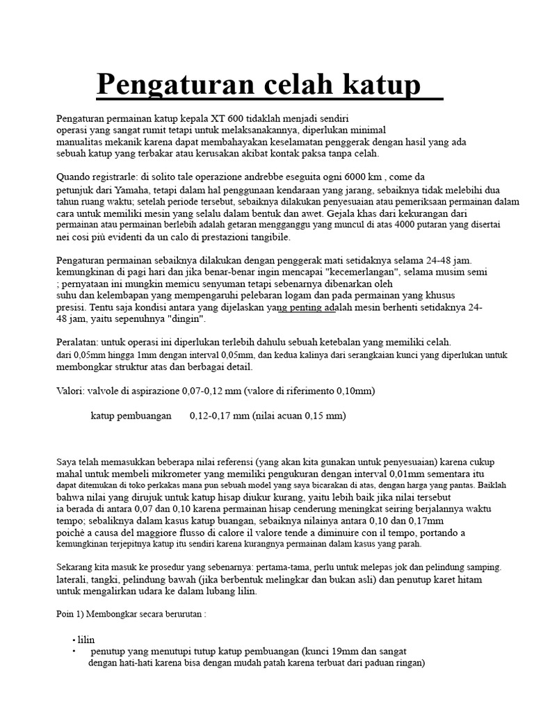 Panduan Pengaturan Celah Katup XT 600 | PDF