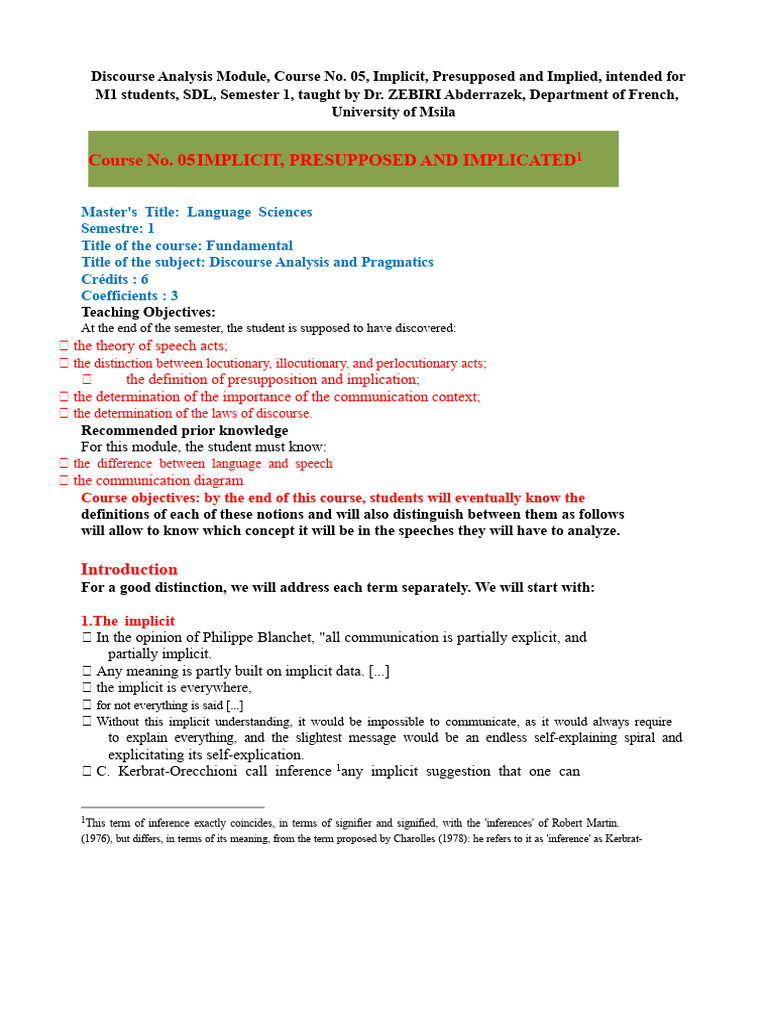 Course n05 Implicit Presupposition and Implication | PDF ...