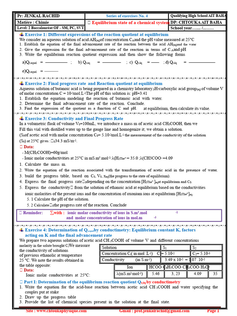 series of exercises 4, equilibrium state of a chemical system, 2BAC BIOF, SM, PC and SVT, Pr ...