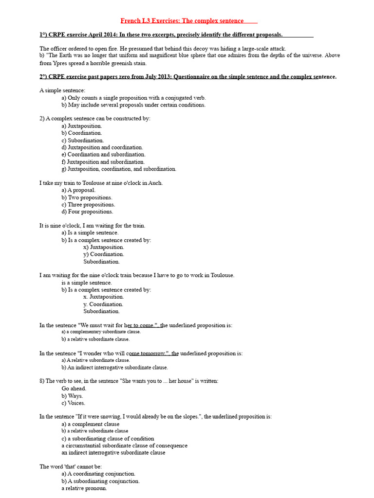 Additional Exercises L3 The Complex Sentence | PDF | Clause | Sentence ...