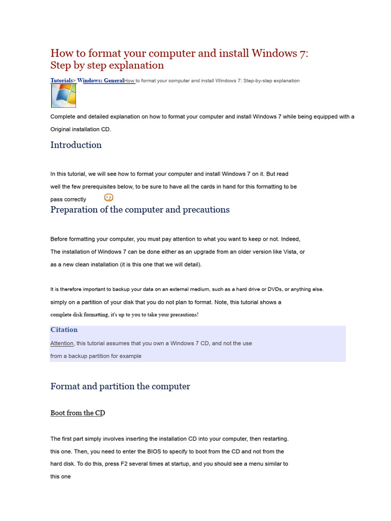Format and Install Windows 7 Guide | PDF | Windows 7 | Booting