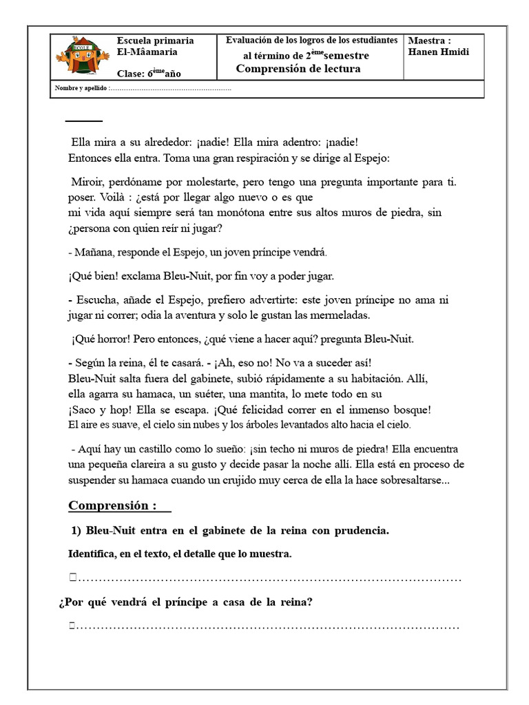 Evaluación de Comprensión de Lectura 6° | PDF | Verbo