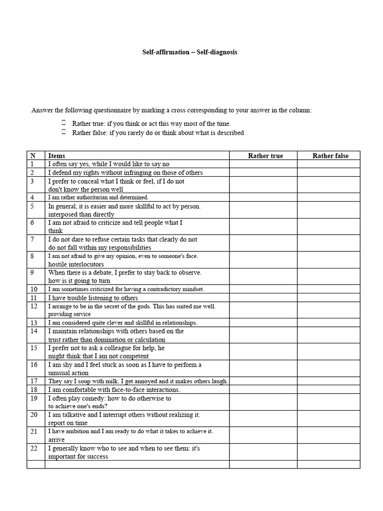 Self-Affirmation Questionnaire | PDF | Behavioural Sciences ...