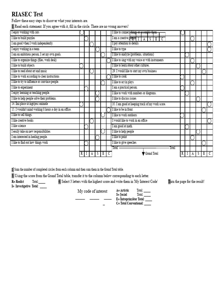 RIASEC Test En | PDF | Psychology | Cognition