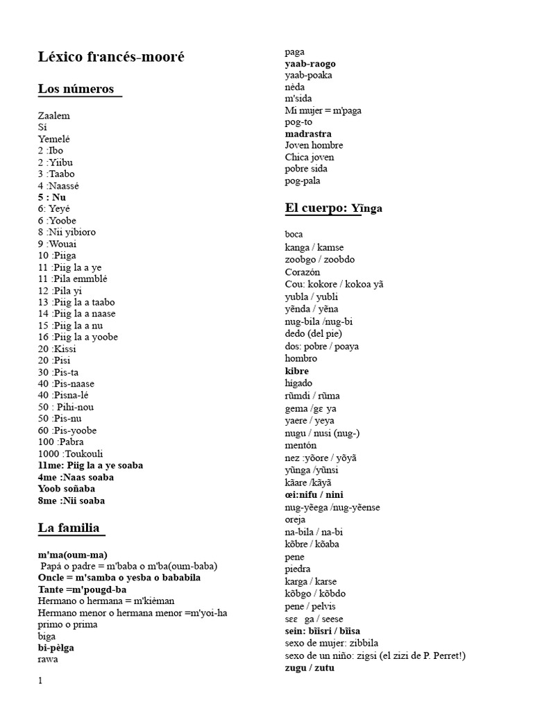 Léxico Francés-Mooré: Vocabulario Esencial | PDF
