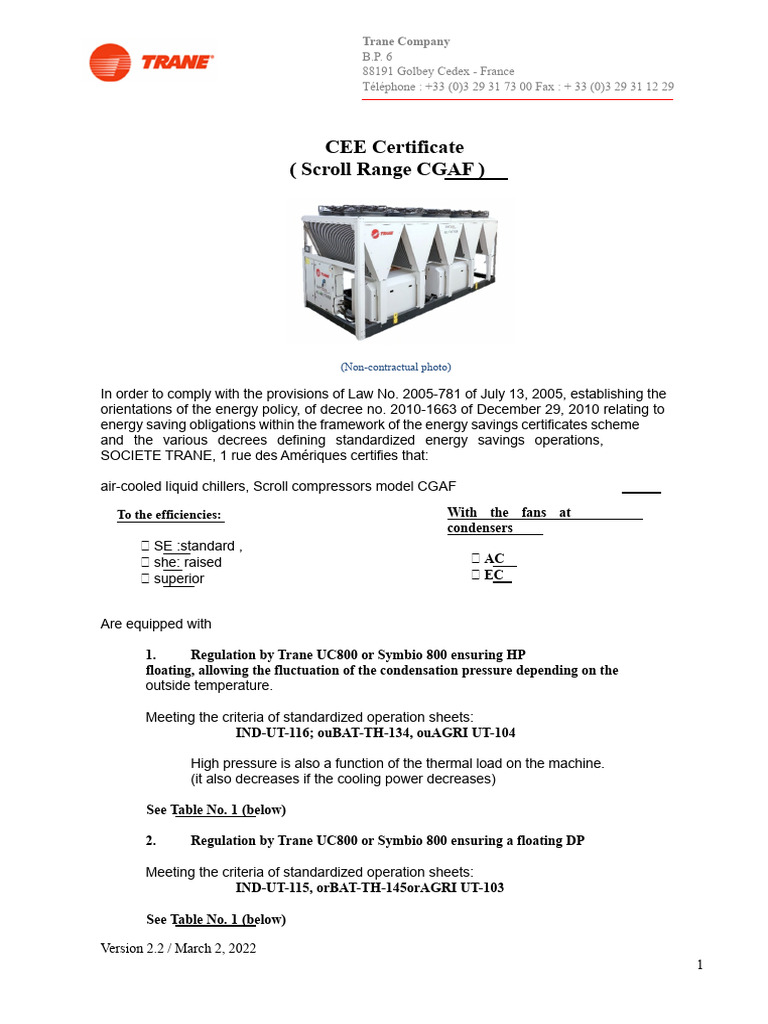 Trane CGAF Chillers Energy Certification | PDF | Temperature ...