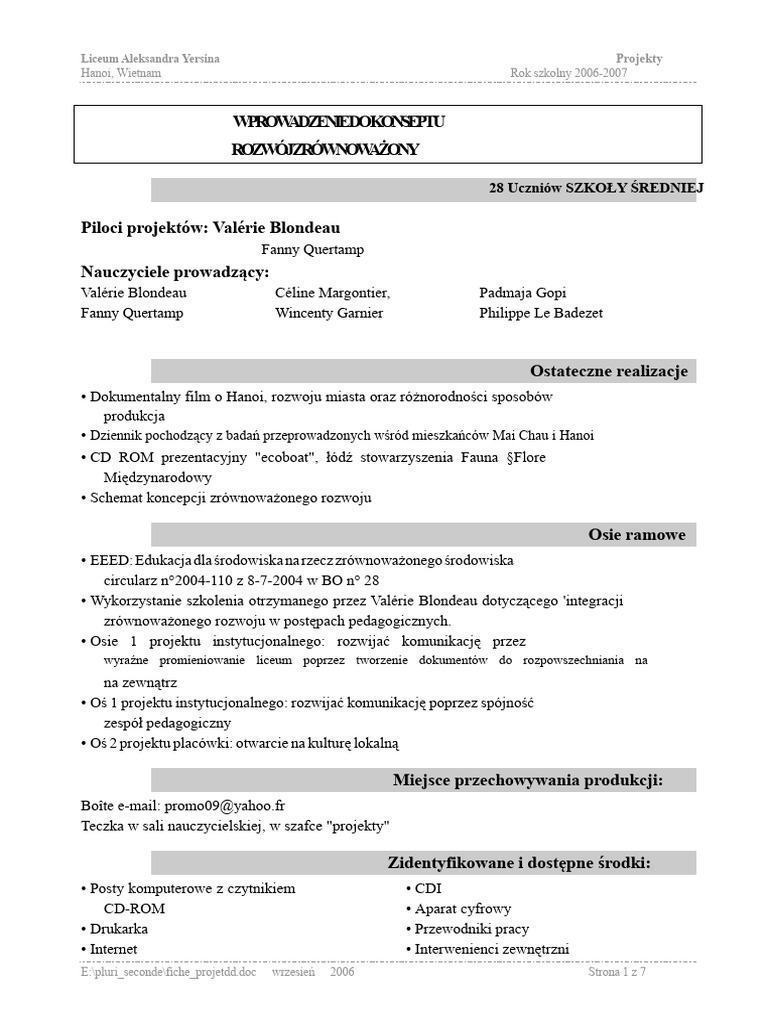 Karta Projektu Zrównoważonego Rozwoju | PDF