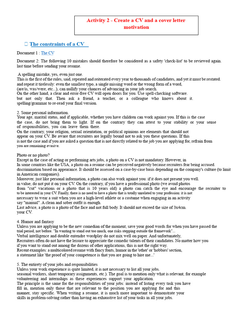 Activity 2 - CV and Cover Letter | PDF | Résumé | Recruitment