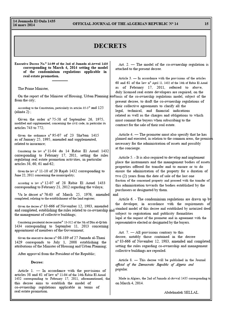 Condominium Regulations Decree Algeria | PDF | Window | Decree