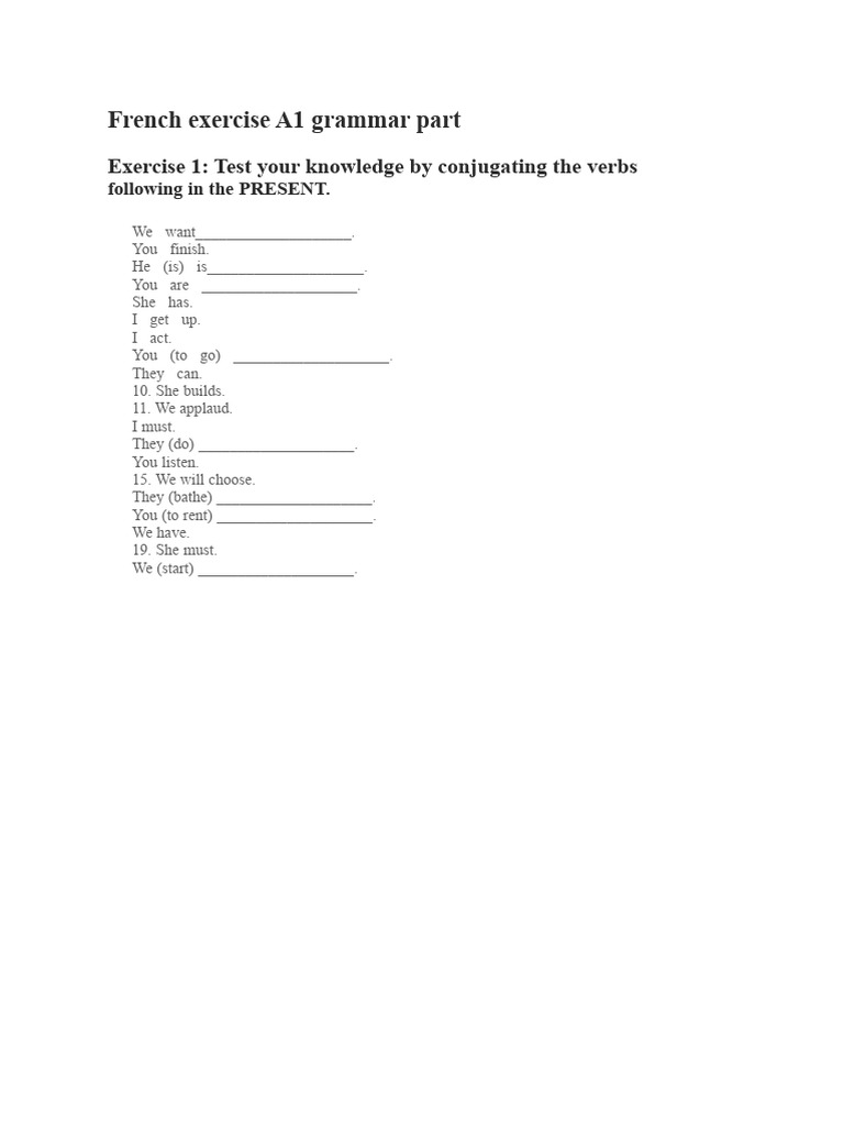 French Exercise A1 Grammar Section | PDF | French Language | Linguistics