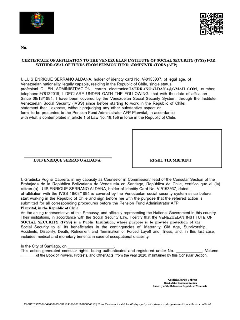IVSS Pension Fund Withdrawal Certificate | PDF | Identity Document