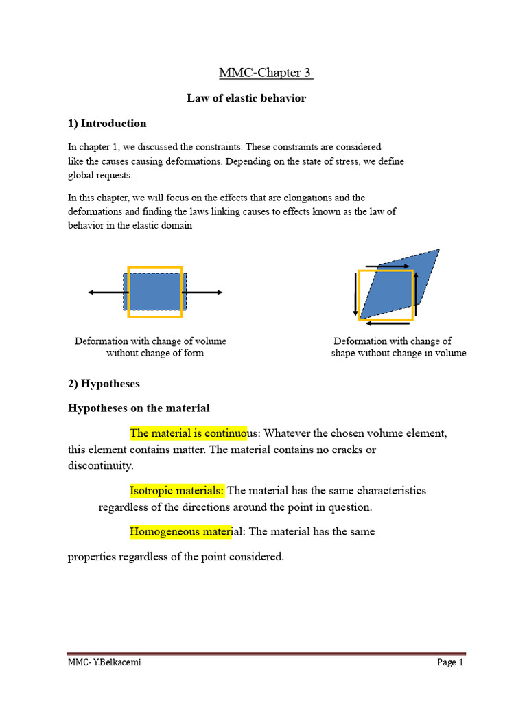 Course MMC-CHAPTER 3-Elastic Behavior Law - | PDF | Deformation (Engineering) | Elasticity (Physics)