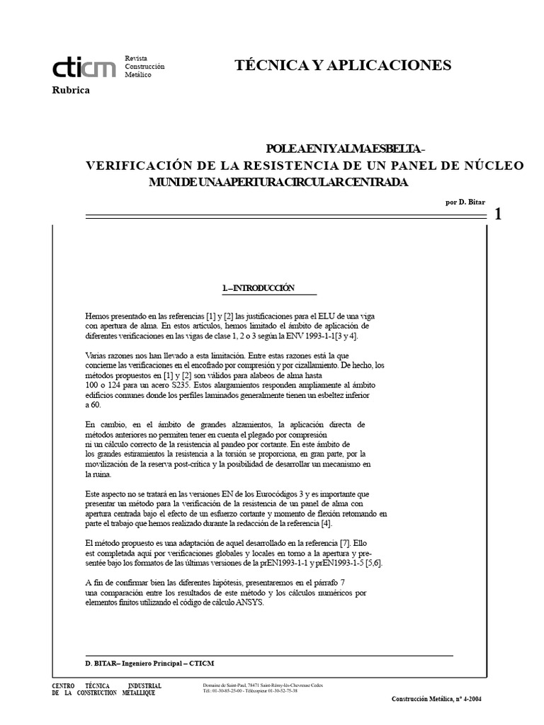 CTICM Viga Con Una Apertura PDF | PDF | Viga (Estructura) | Doblar