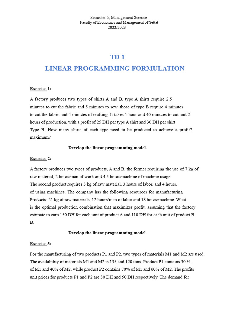 Td 1 Formulation_exercise-1 | PDF | Profit (Economics) | Linear Programming