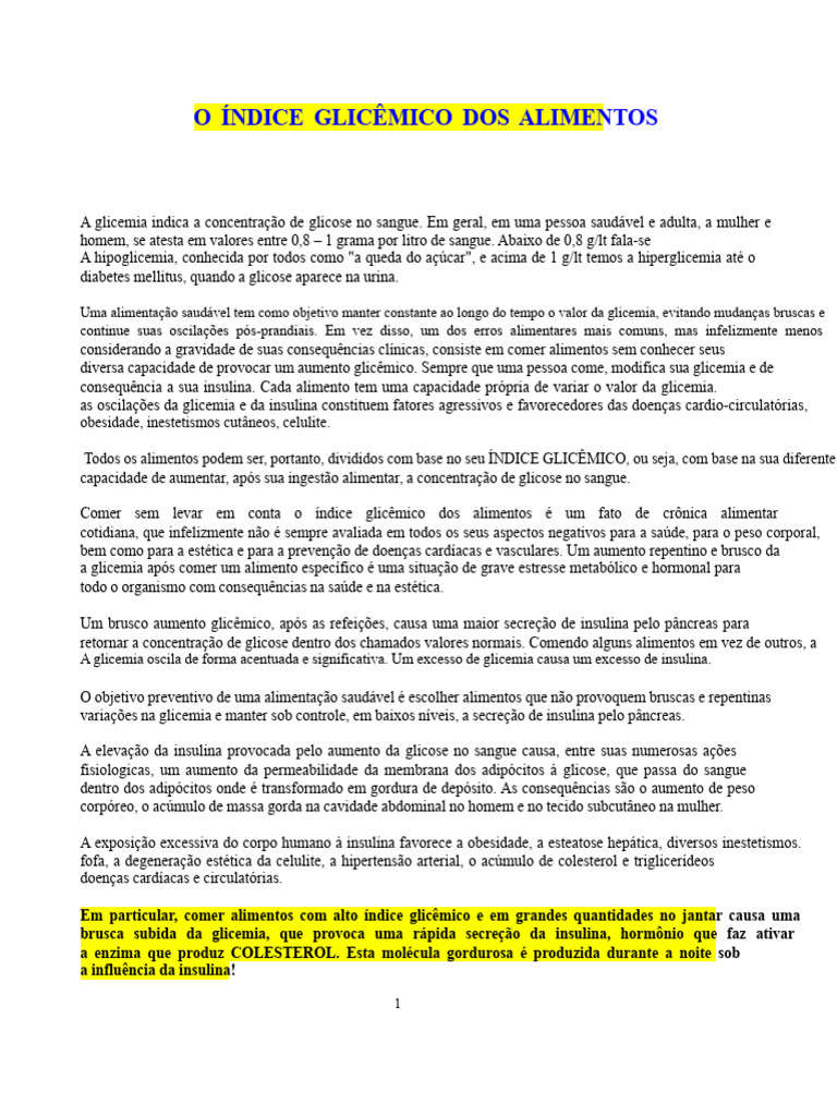 Índice Glicêmico Dos Alimentos PDF | PDF | Índice glicêmico | Alimentos