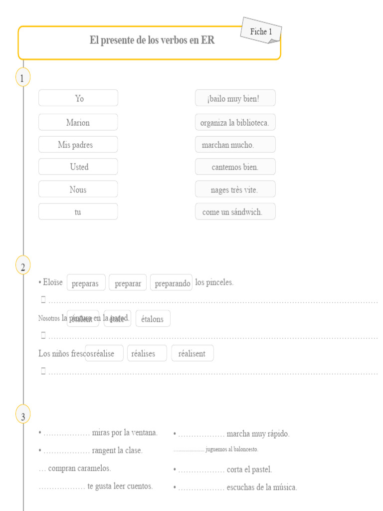 Fichas de aplicación El presente de los verbos en ER | PDF
