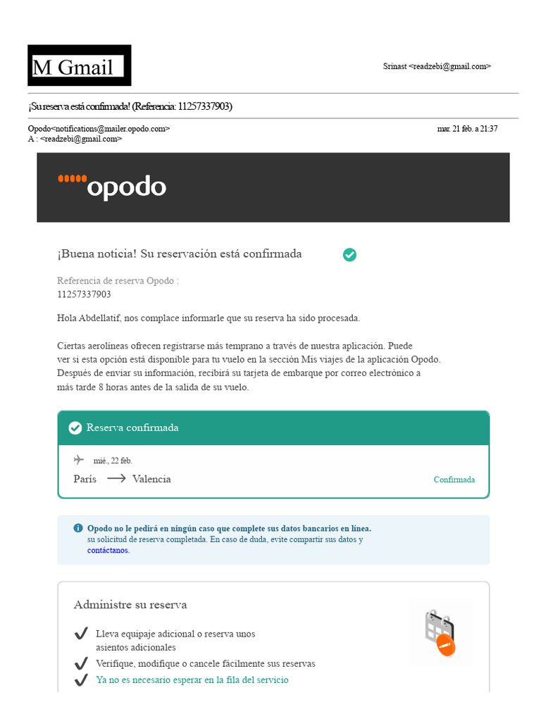 ¡Su Reserva Está Confirmada! (Referencia: 11257337903) | PDF
