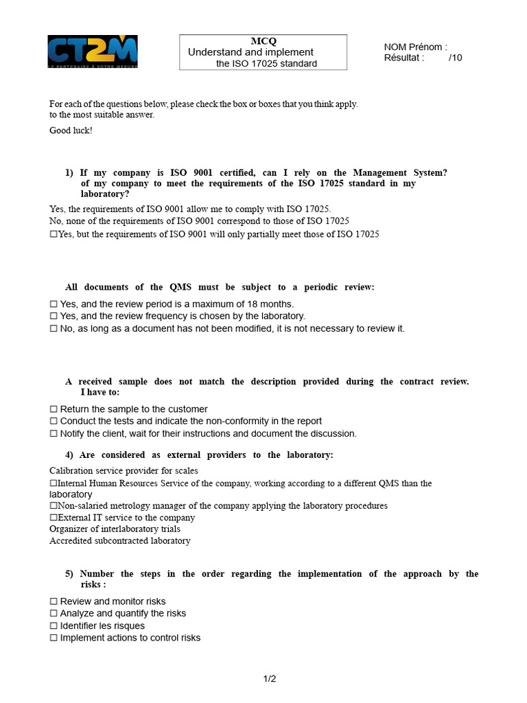 ISO 17025 Compliance MCQ Assessment | PDF | Multiple Choice | Risk