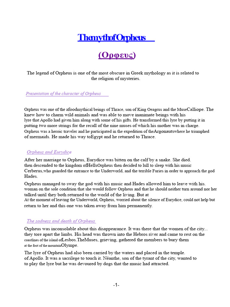The Myth of Orpheus.pdf | PDF | Orpheus | Hades