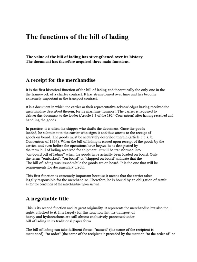 The functions of the bill of lading.docx | PDF | Bill Of Lading | Cargo