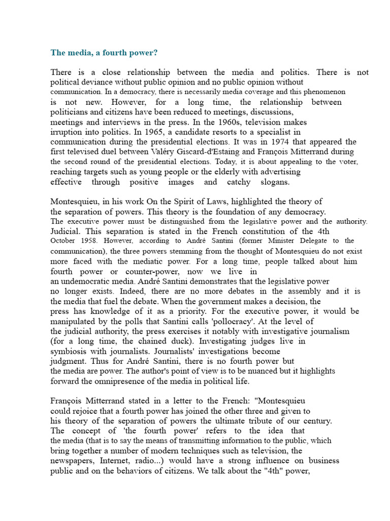The Media Is The Fourth Power. | PDF | Public Opinion | Separation Of ...