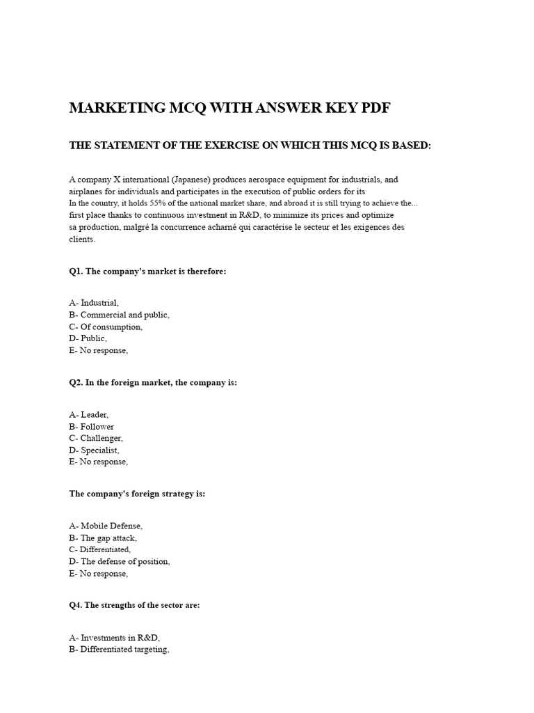 Marketing Quiz with Answers Case Study | PDF | Prices | Marketing