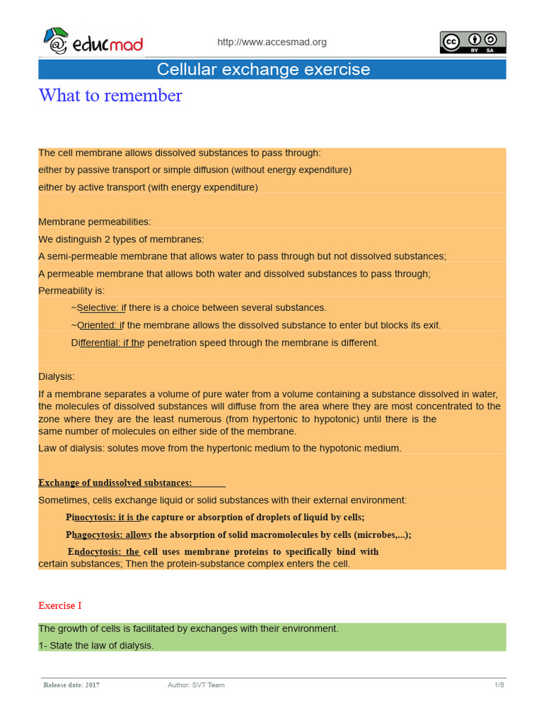 Cellular Exchange Exercise PDF | PDF | Cell Membrane | Osmosis