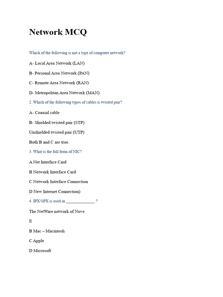 Network Multiple Choice Questions | PDF | Computer Network | Local Area Network