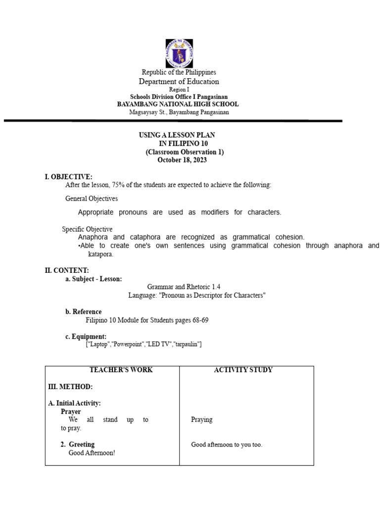 Lesson Plan for Filipino 10 Grammar | PDF | Pronoun | Linguistics