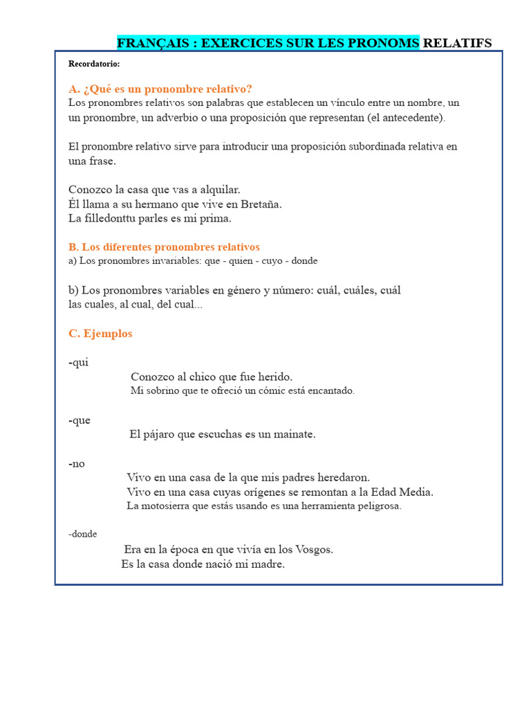 Pronombres Relativos Ejercicios | PDF | Pronombre | Gramática