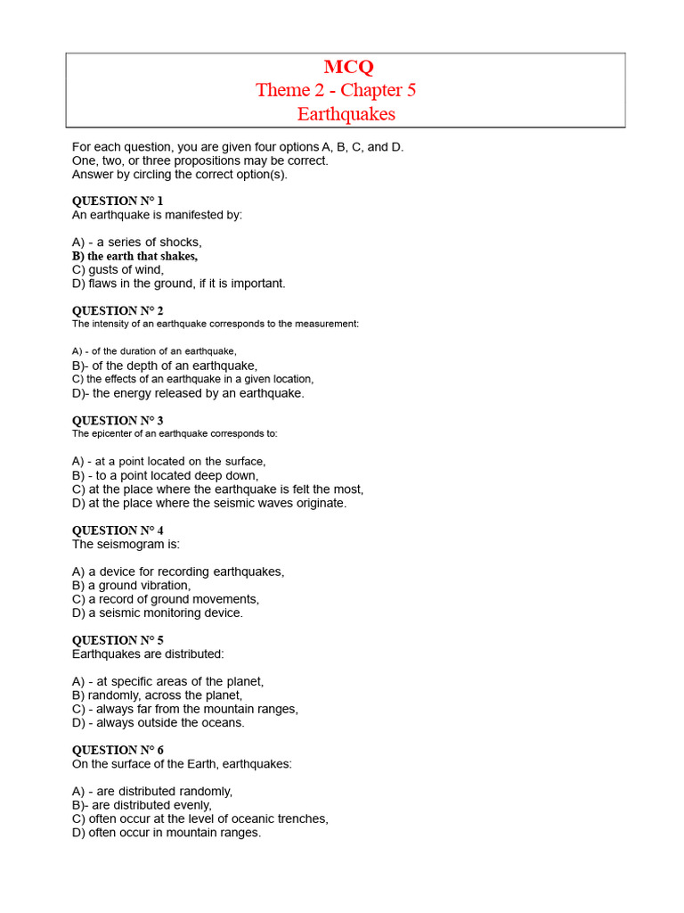 Earthquake Multiple Choice Questions to Print | PDF | Volcano | Plate ...